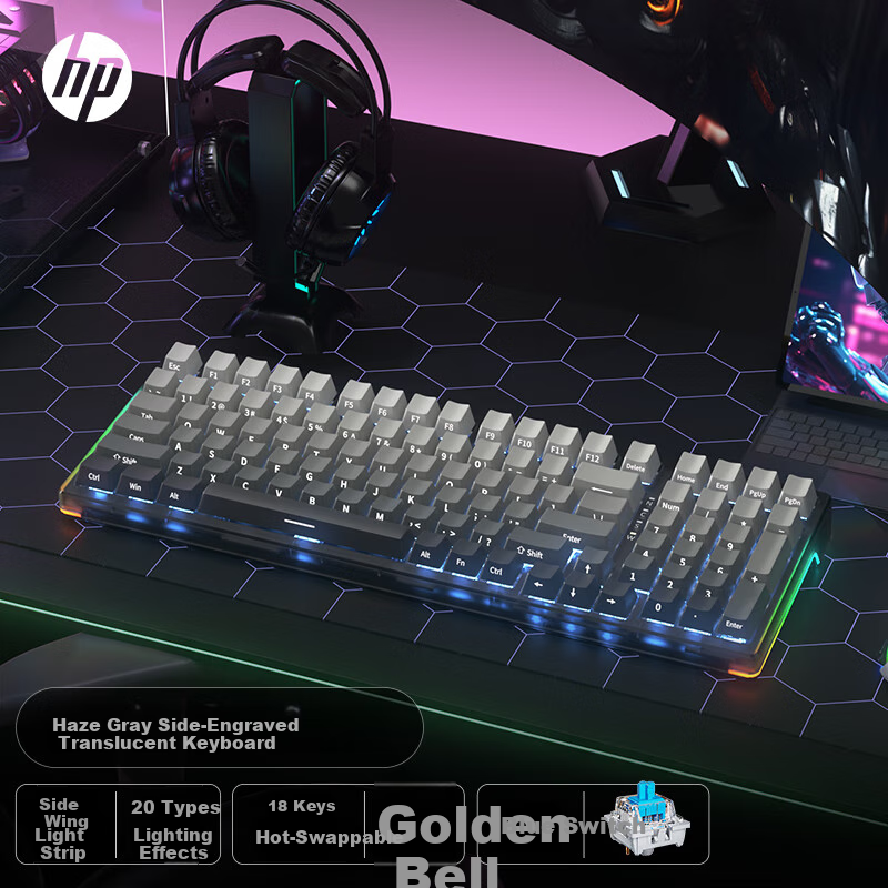 HP GK600FS Mechanical Keyboard Hot Swap Office E-sports Gaming Wired Desktop Laptop Side Engraved Gradient Haze Gray Blue Axis 99 Keys