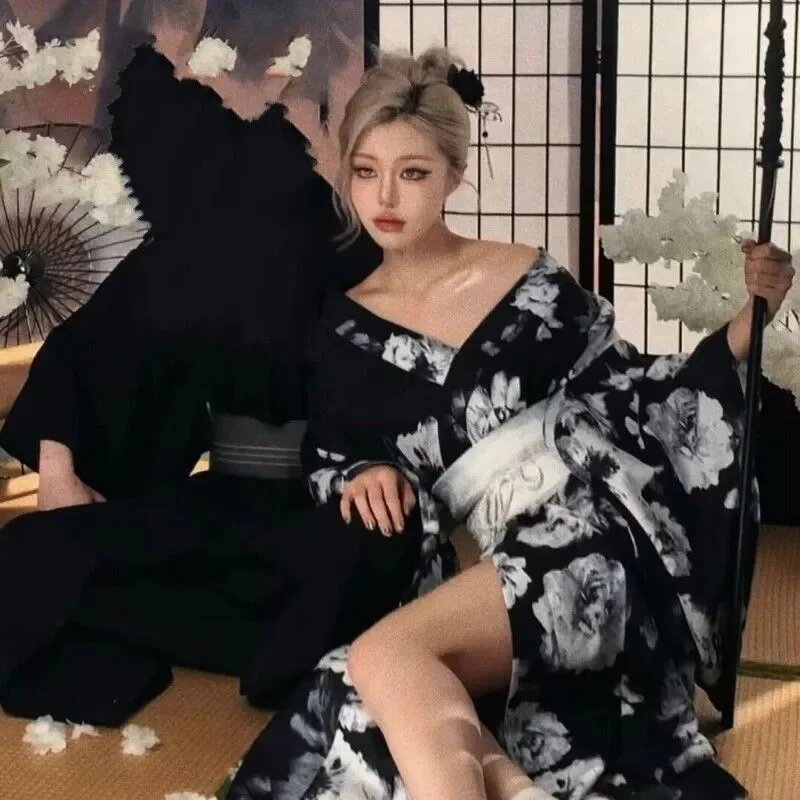 Женское кимоно ODFVEBX цветочное Черный, 13