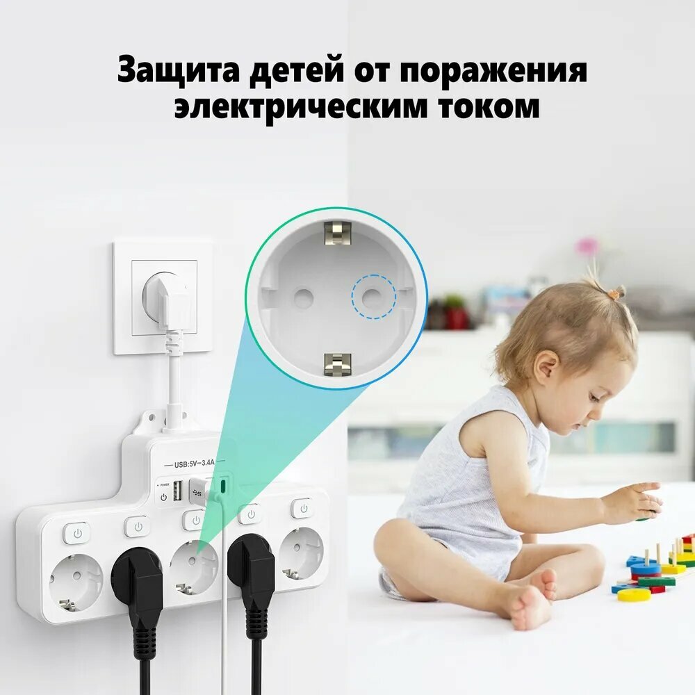 HITRENDS удлинителя с 2 USB и 2 быстрой зарядки Type-C, 5 разъемов, независимый выключатель, белое