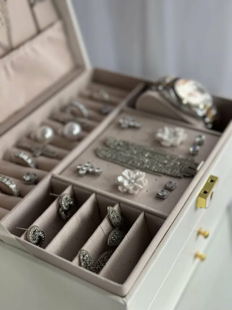 Шкатулка-комод "Белый" для украшений, МДФ, натуральная замша, квадратная, белая