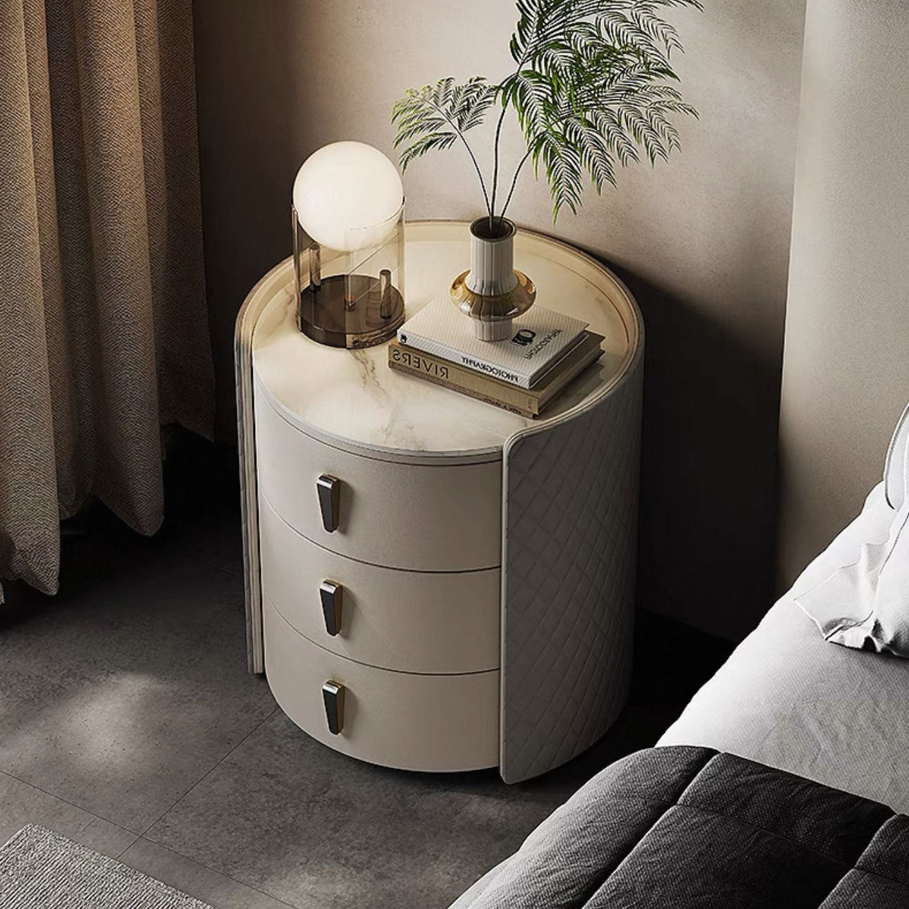 Интерьерная круглая тумбочка в коже с керамической столешницей Burgio (45см / белая столешница / выбор цвета при заказе)