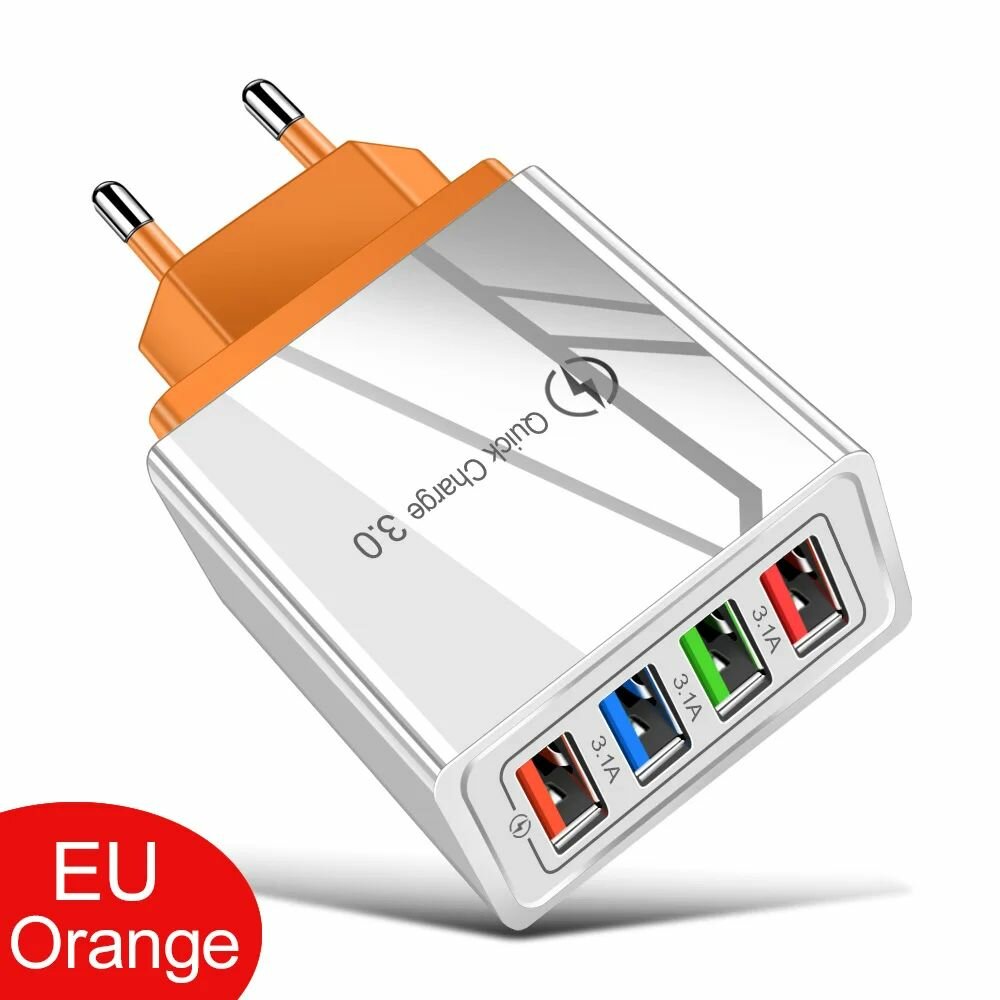 Зарядное устройство 3A, 4-портовое USB- Quick Charge 3.0, вилка европейского стандарта и США, настенное для мобильного телефона, портативная быстрая зарядка iPhone 16 Pro
