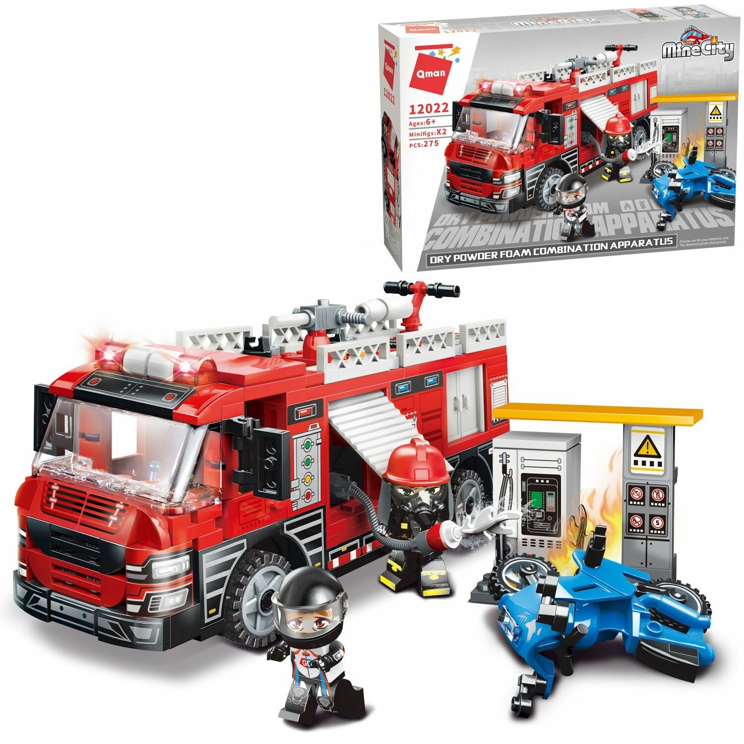 Конструктор Qman серия MineCity. Пожарная машина: Тушение автозаправочной станции 275 деталей