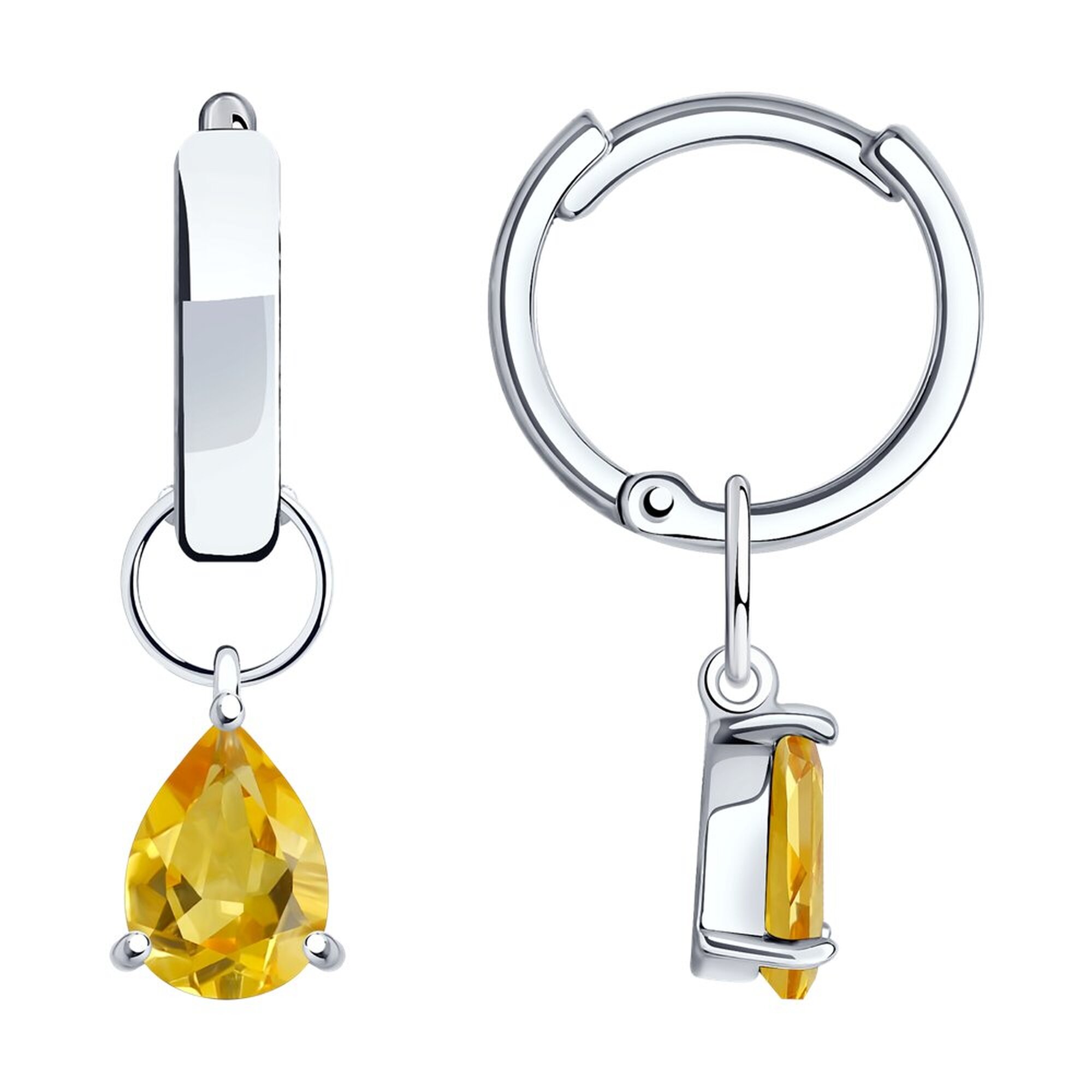 Серьги трансформеры, серебро, 925 проба, родирование, цитрин