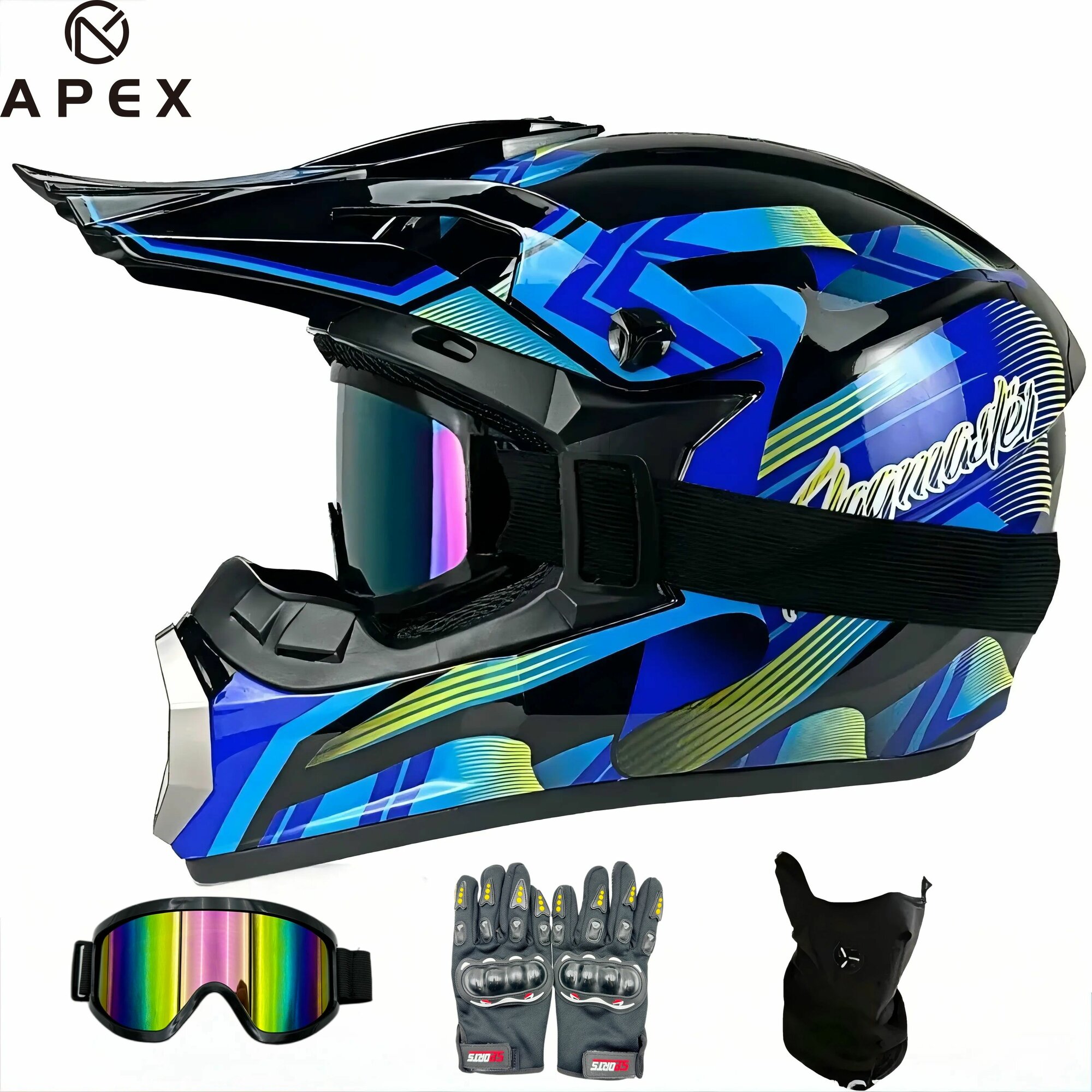 Мотошлем APEX, с очками, для мотоцикла, питбайка, эндуро, синий