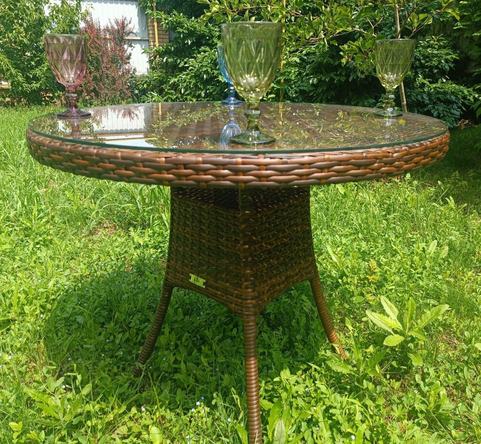 Круглый стол SunSet Анкор, искусственный ротанг, стекло, 90х90х75 см, коричневый