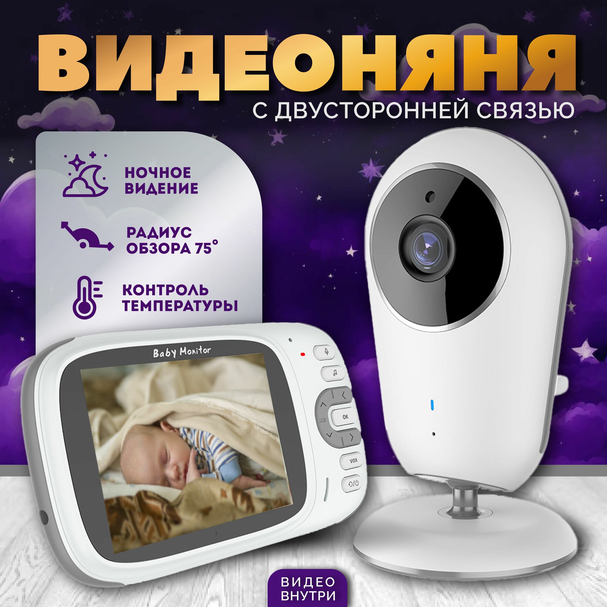 Видеоняня, беспроводная, поворотная, с двусторонней связью