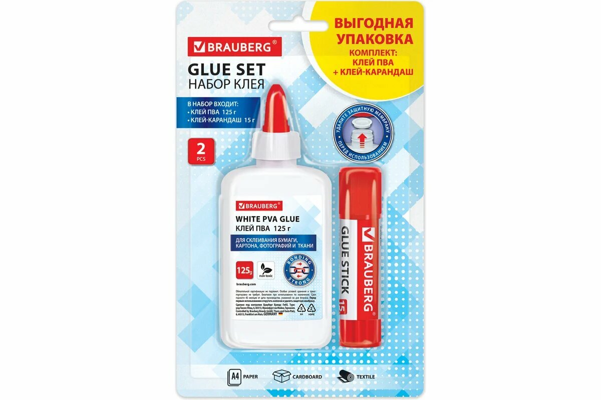 BRAUBERG Набор клеяклей-карандаш PVP 15 г, клей ПВА 125 г, школьной канцелярии 271980