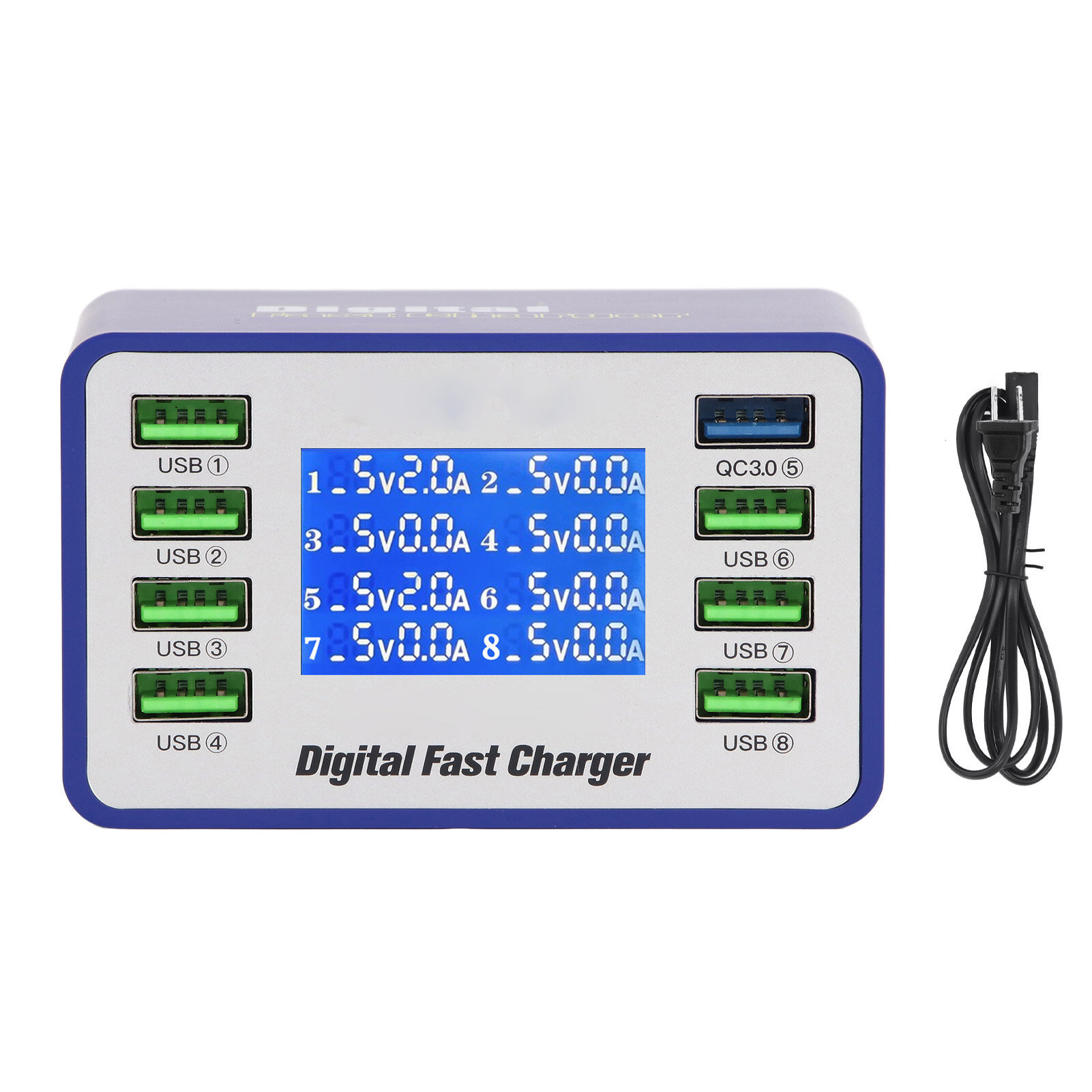 USB Charger PWM Power Chip Automatic Detection Technology 8 Ports QC3.0 A Digital Display 50W