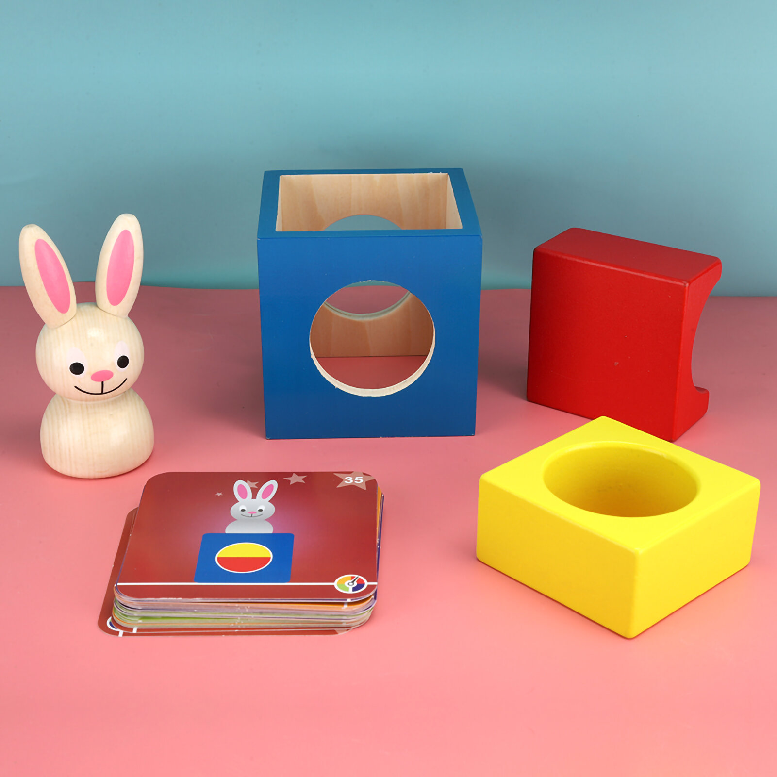 Игрушка для детей Wooden Puzzle Block Box, Educational Interactive Toy, Baby Rabbit Puzzle Toy, материал дерево, водная краска, для детей старше 3 лет, вес 719 г, желтый строительный блок 7.5x7.5x3.5 см, красный строительный блок 7.5x7.5x3.5 см, блок