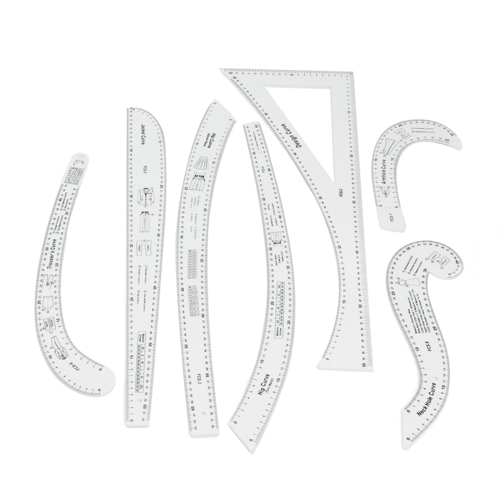 Набор из 7 прозрачных лекал для шитья и черчения выкроек с высокой точностью