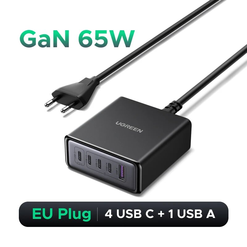 UGREEN GaN 65W зарядное устройство EU, 4 USB C + 1 USB A