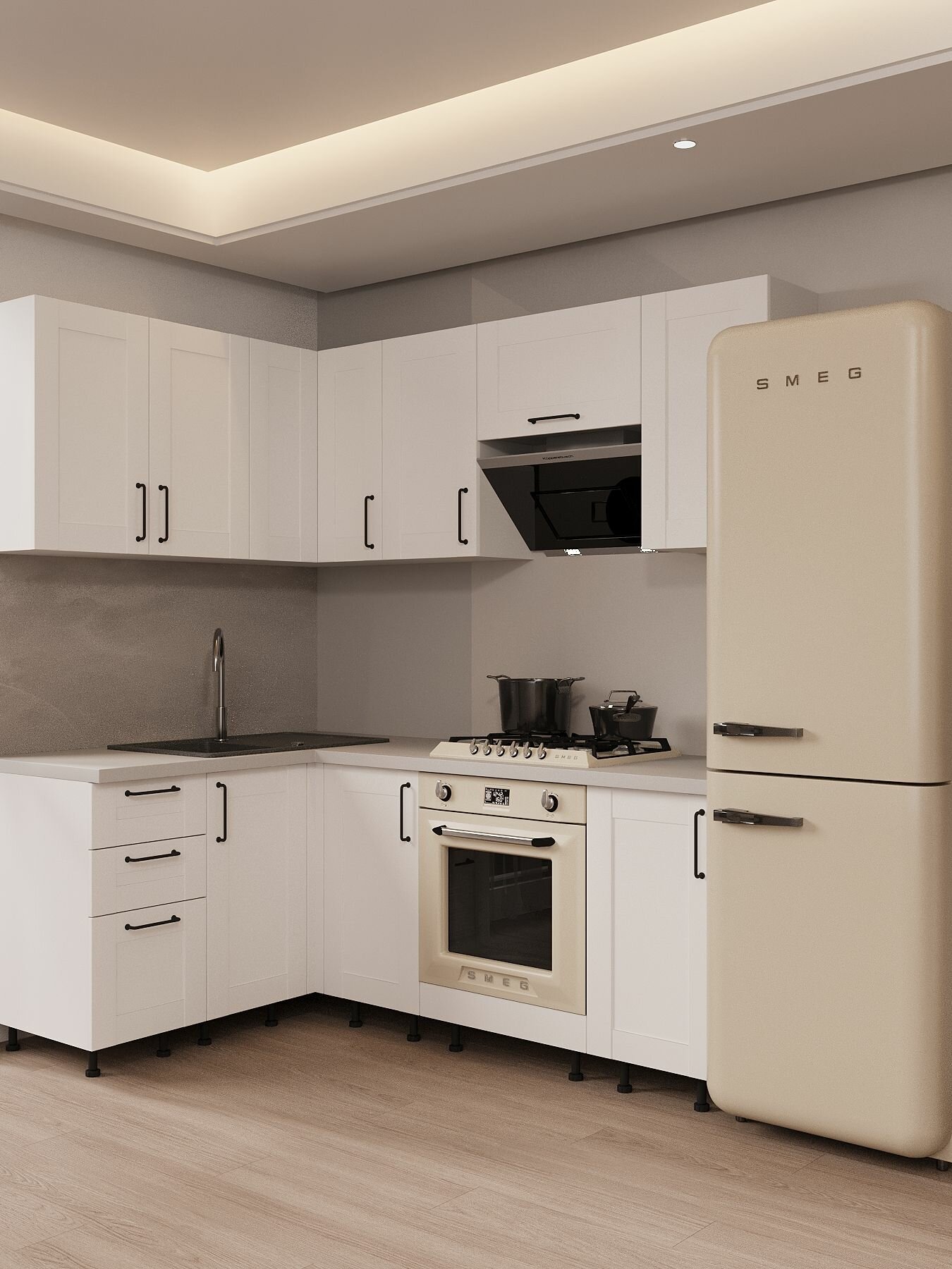 Кухонный гарнитур угловой Аризона МДФ 1,4х2м белый с модулем под духовой шкаф без столешницы