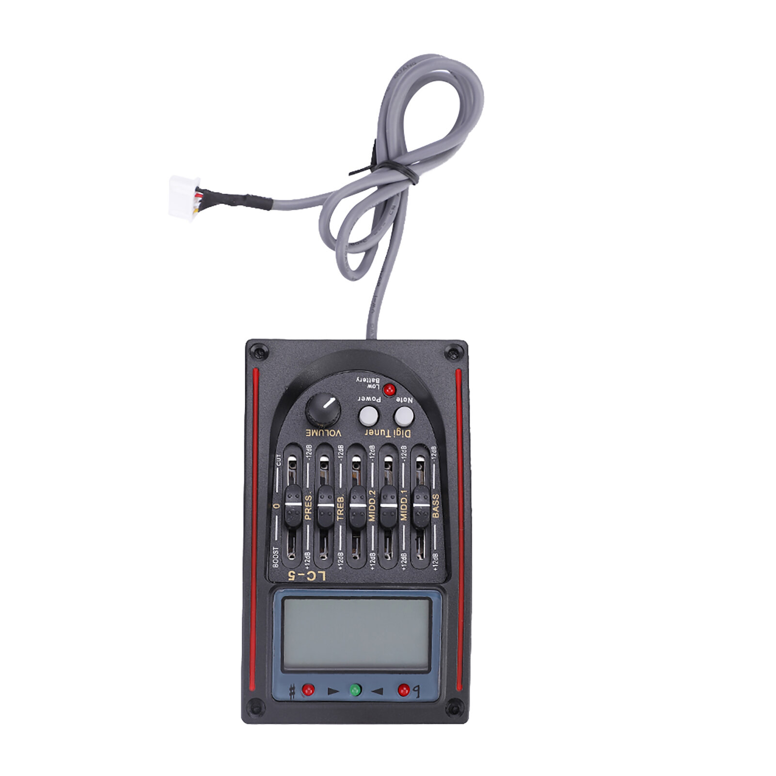 LCD 5-Band Звукопередающий Предусилитель EQ LC-5 Эквалайзер Тюнер Пьезо-Пик업 для акустической гитары, Черный, Материал Металл + Пластик, Вес 182г, Батарея 6F22 9V (не в комплекте), Контроль баса ±12dB 60Hz, Средний ±12dB 500Hz, Треble ±12dB 2.2KHz,