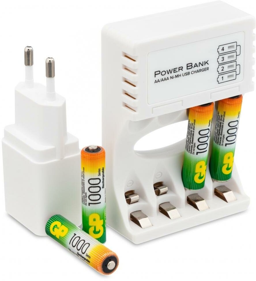 GP USB + 4 аккум. АAА (HR03) 1000mAh + адаптер (GP 100AAAHC/CPBA-2CR4)