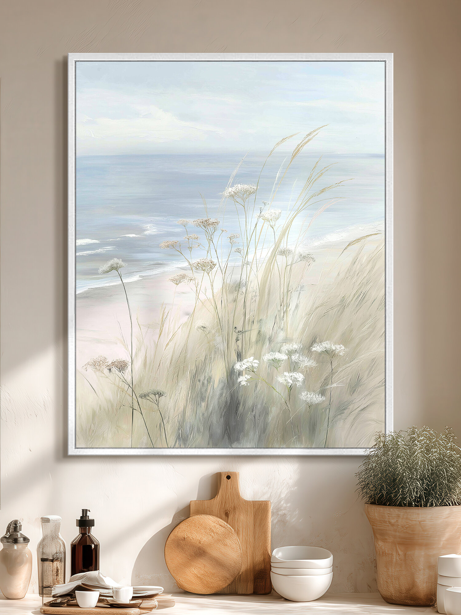 Картина "прибрежный УЮТ 2" 43х53 см — интерьерная картина в раме, вертикальная, на бумаге, море, пейзаж, Арт Хаус