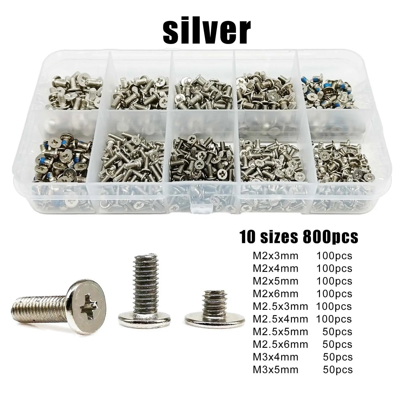 Набор винтов Michastu 800 шт. М2 M2.5 M3 стальной silver 800pcs