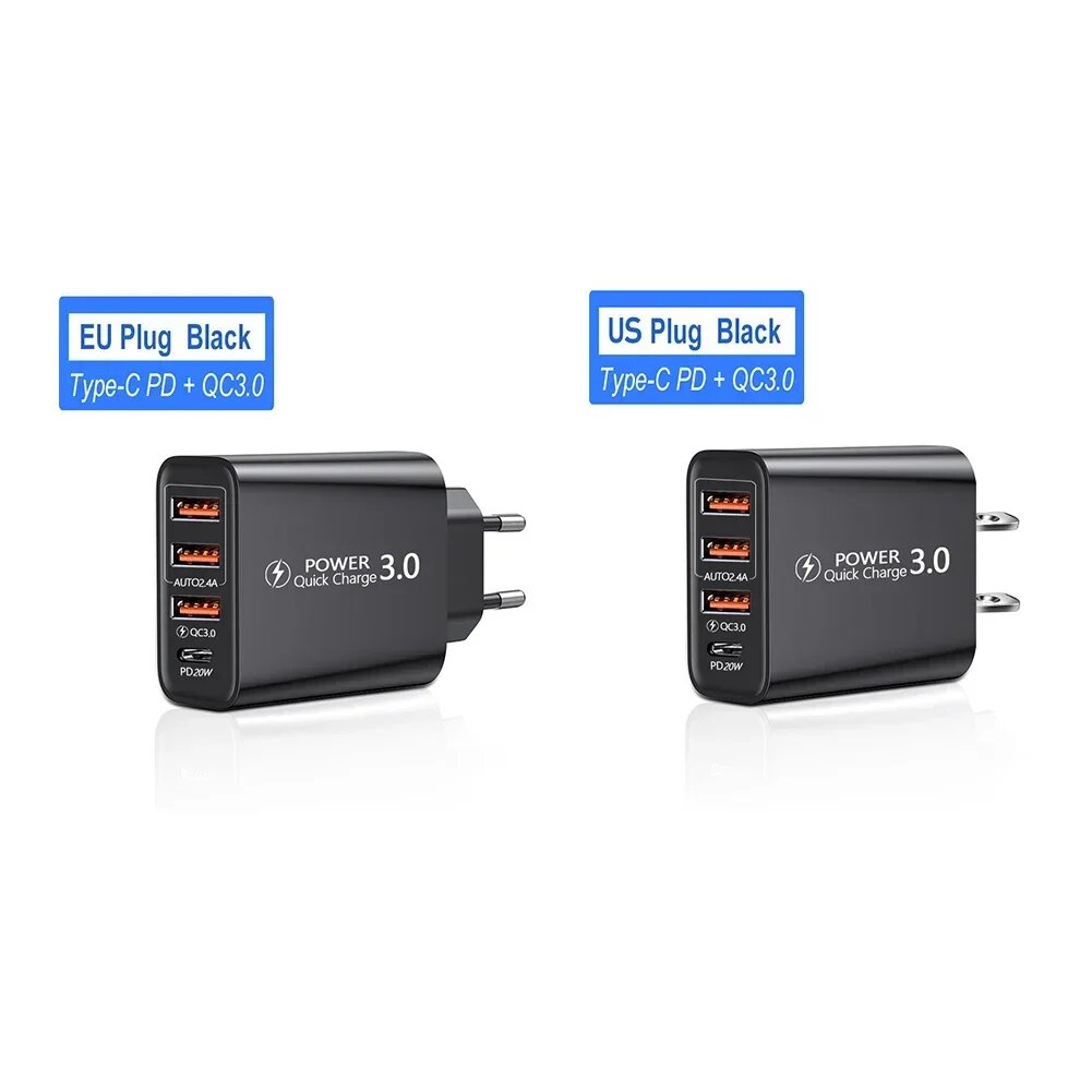 20 Вт PD 4 порта USB 5V4A зарядный адаптер питания зарядное устройство для мобильного телефона QC3.0 зарядка вилка европейского/американского стандарта дорожное зарядное устройство 110 В 220 В ЕС, черный