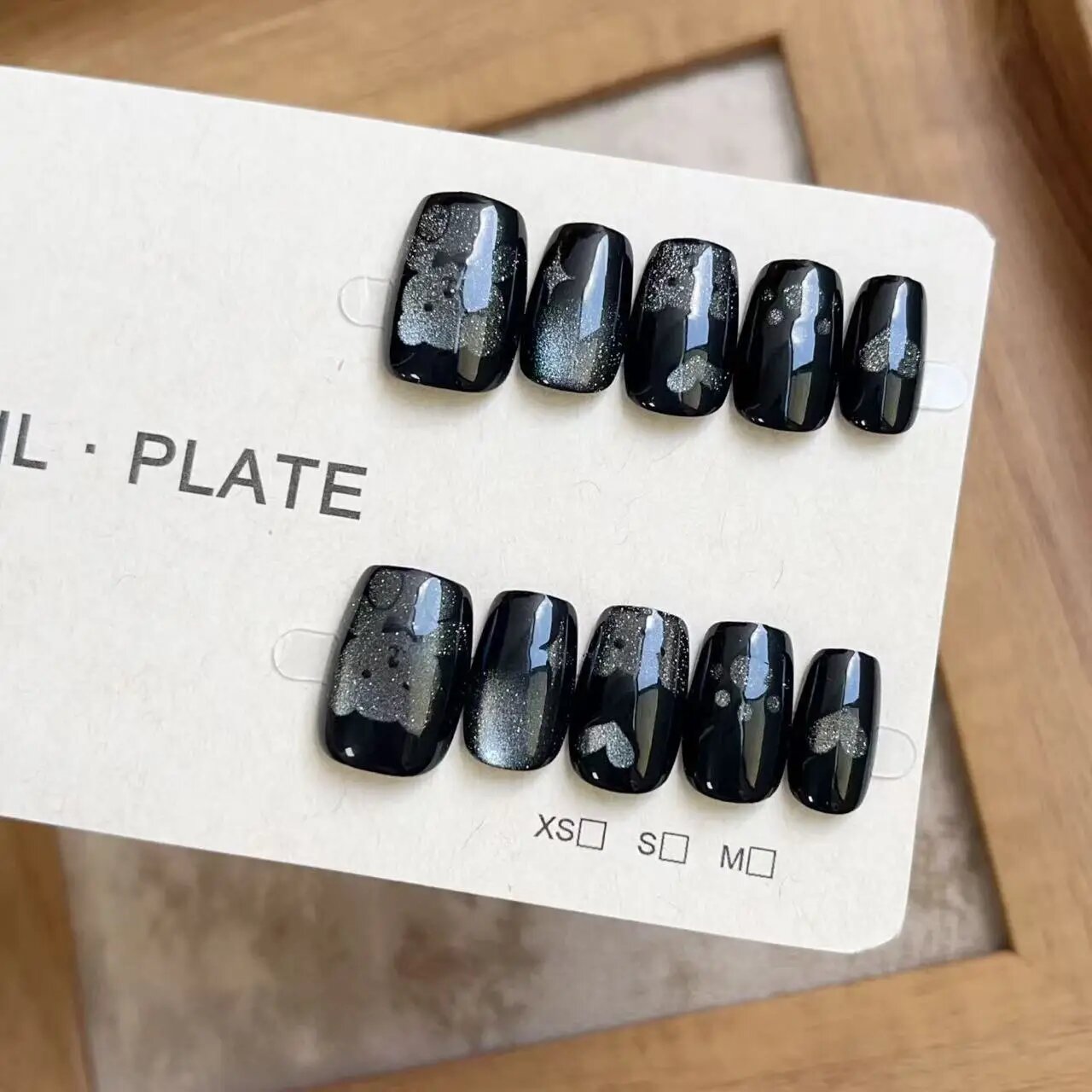 Квадратные черные накладные ногти "кошачий глаз", 10 шт. S