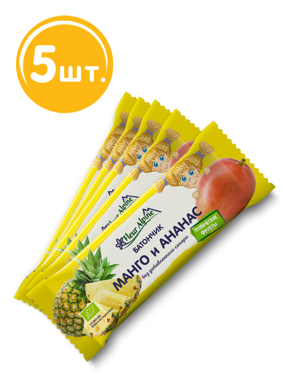 Батончики тропические Fleur Alpine Манго и ананас, для всей семьи, 5 шт. по 20 г
