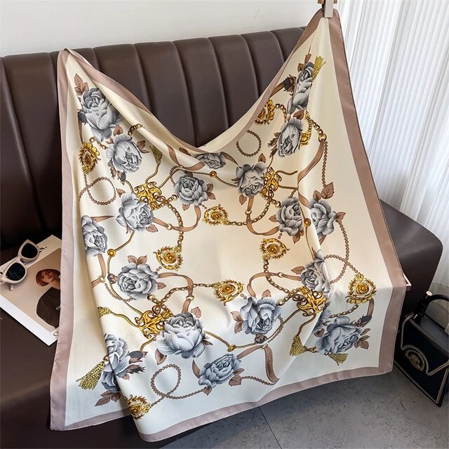 Большой квадратный шарф с цветочным принтом 90 см, женские дизайнерские шарфы, саржевый шелковый платок, шаль, женский хиджаб, роскошный хиджаб