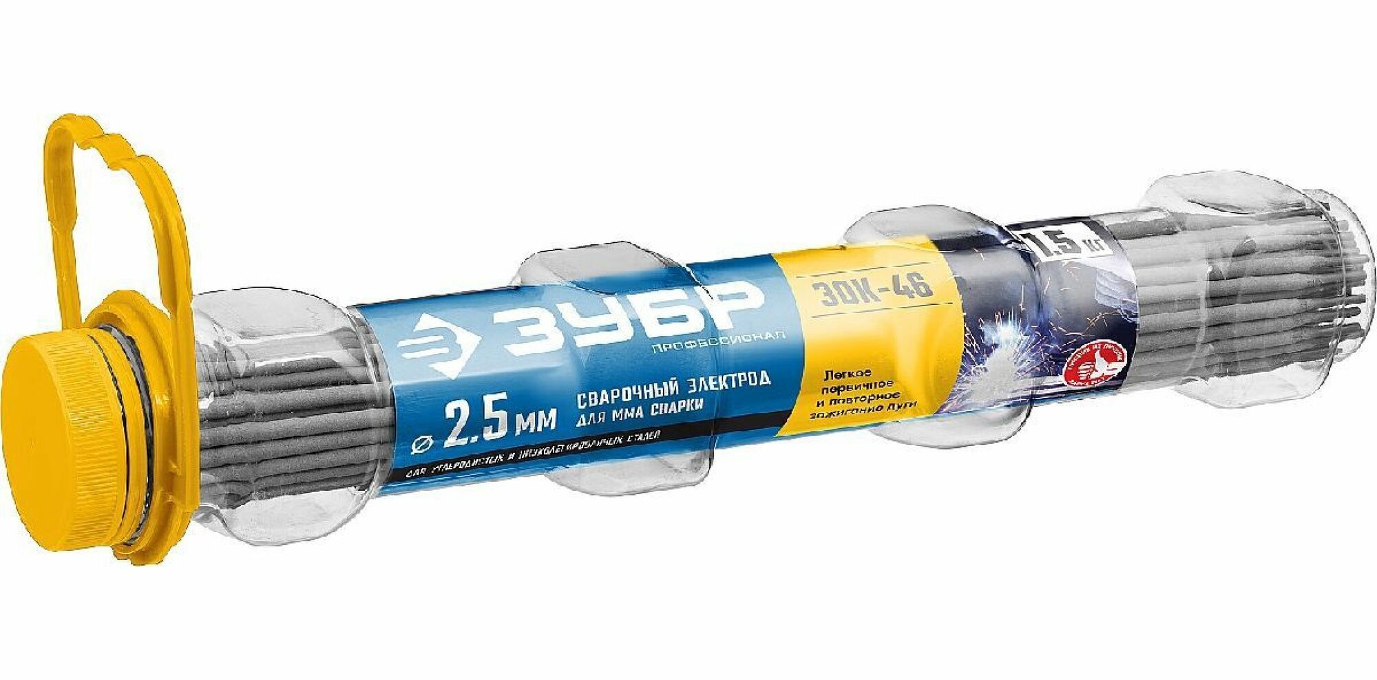 Электрод сварочный ЗУБР ЗОК-46 рутиловый d 2.5 мм 1.5 кг 80 шт прочность шва 510 МПа для углеродистых сталей