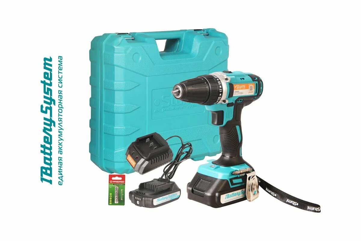 Аккумуляторная дрель Sturm 20 В, 1BatterySystem, 2 акк, 2,0 Ач, кейс CD3620