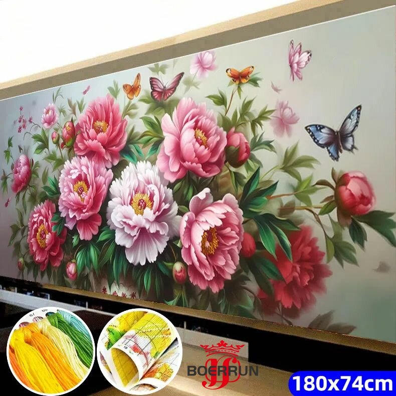 Набор для вышивания крестом, вышивка крестиком Пион, 11CT 180x74cm, полная зашивка (без подрамника, без рамки)