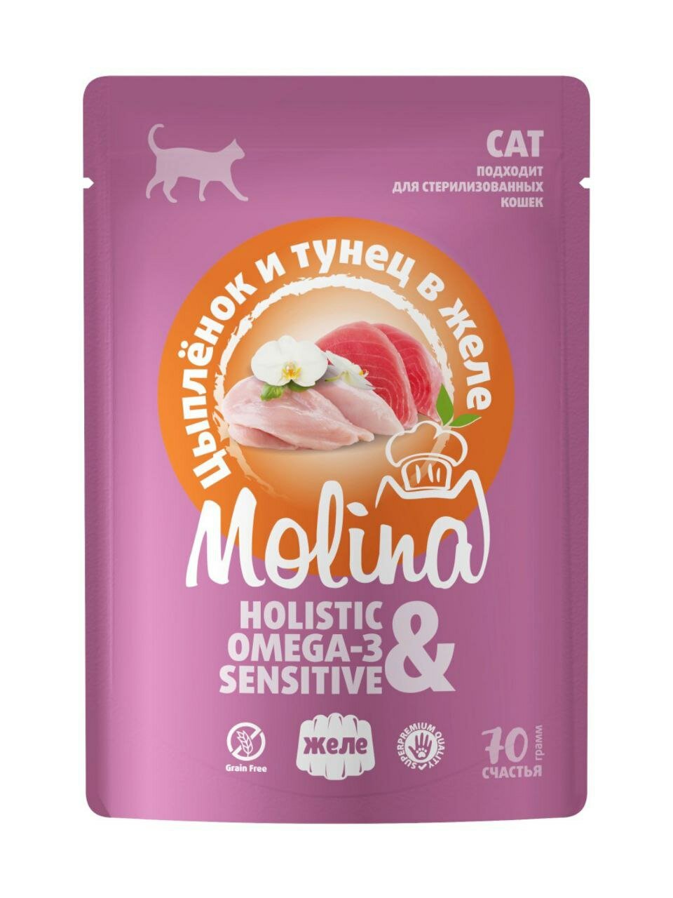 MOLINA Пауч для взрослых кошек Цыпленок и тунец в желе, 70 г х 12 шт