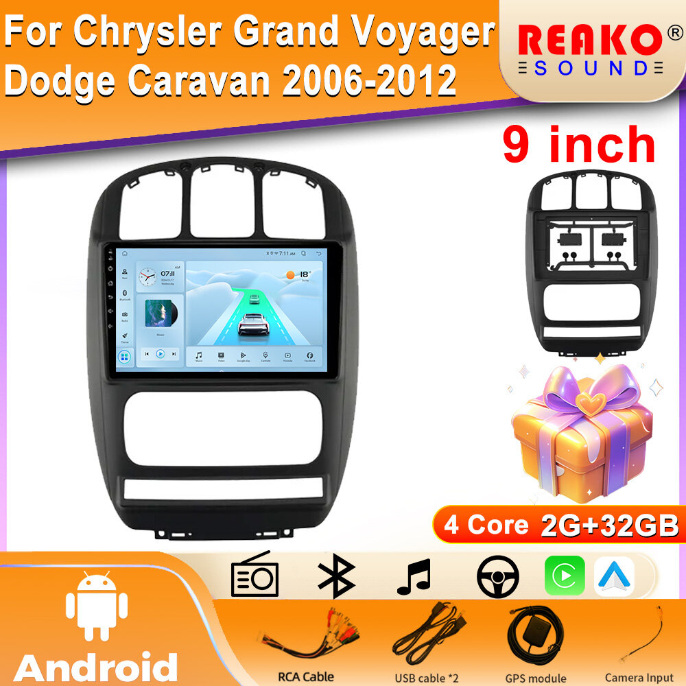 Магнитола для Chrysler Grand Voyager Dodge Caravan 2006-2012 , 4 ядерный процессор 2/32Гб ANDROID 10, QLED экран 9 дюймов, Wifi