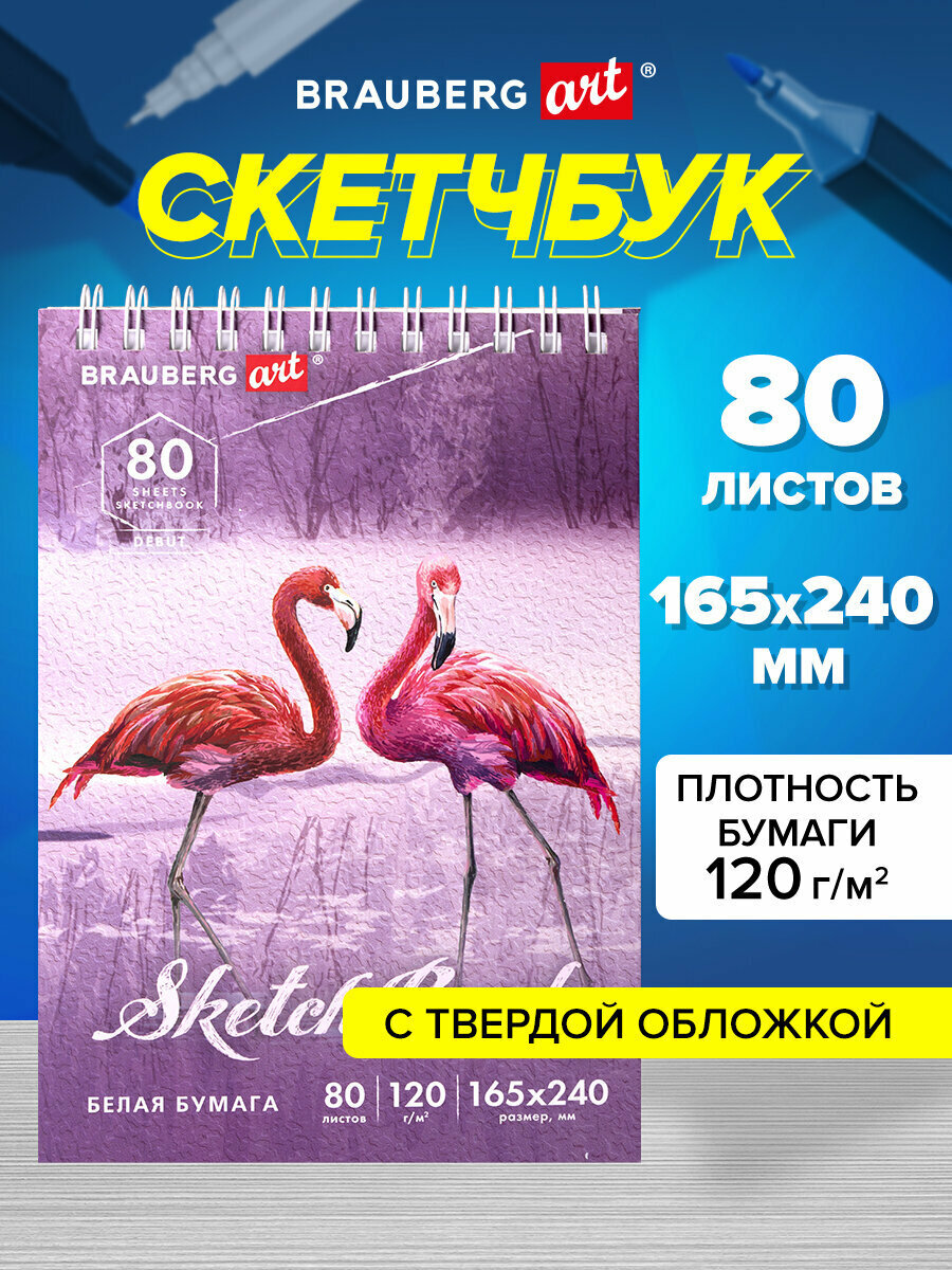 Блокнот-Скетчбук с белыми страницами 120 г/м2 165х240 мм, 80 л, гребень, твердая обложка, Brauberg Art Debut, 112990