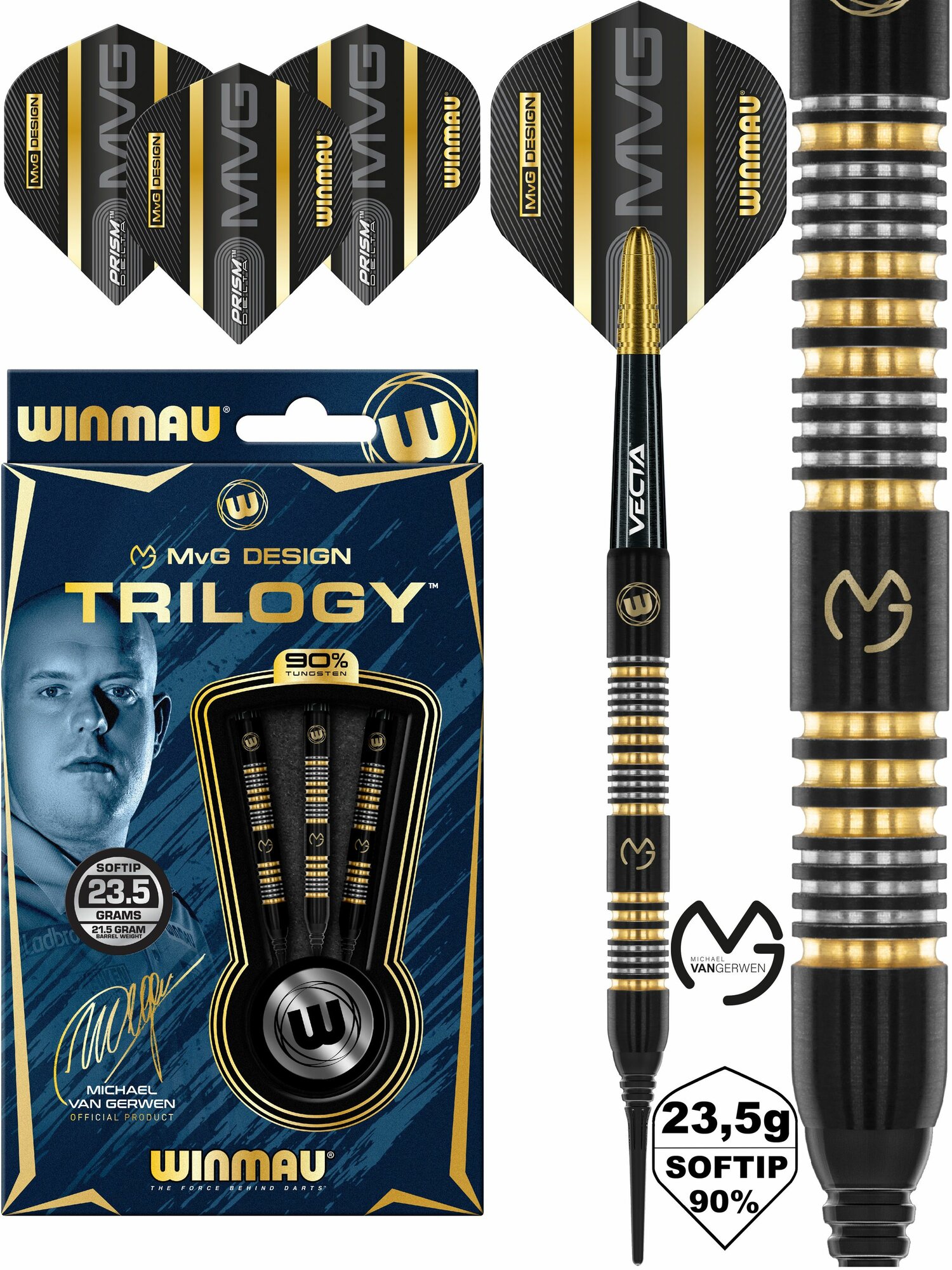 (SOFTIP) Чемпионские дротики 23,5гр с пластиковыми иглами WINMAU MvG TRILOGY для игры в Электронный Дартс с безопасными иглами. Профессиональный уровень