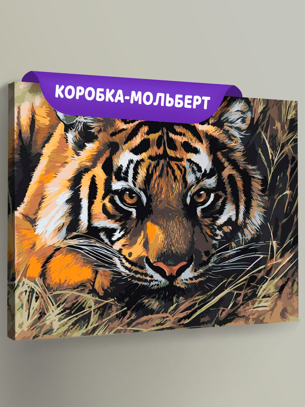 Картина по номерам на холсте с подрамником "Животные: тигр прячется в траве, природа" Раскраска 40x50 см, Хищники Пейзаж