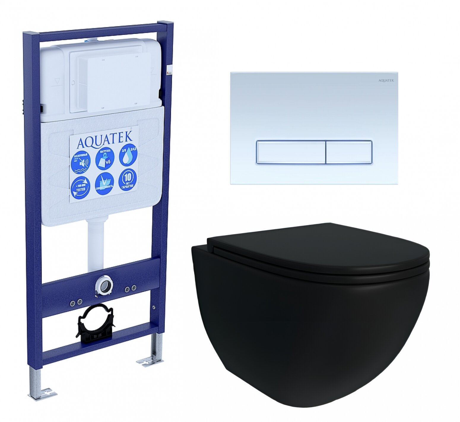 Комплект 3 в 1 инсталляция Акватек Standart 50 + Унитаз подвесной Enio Unico BL Tornado EN4105057 + кнопка белая глянцевая