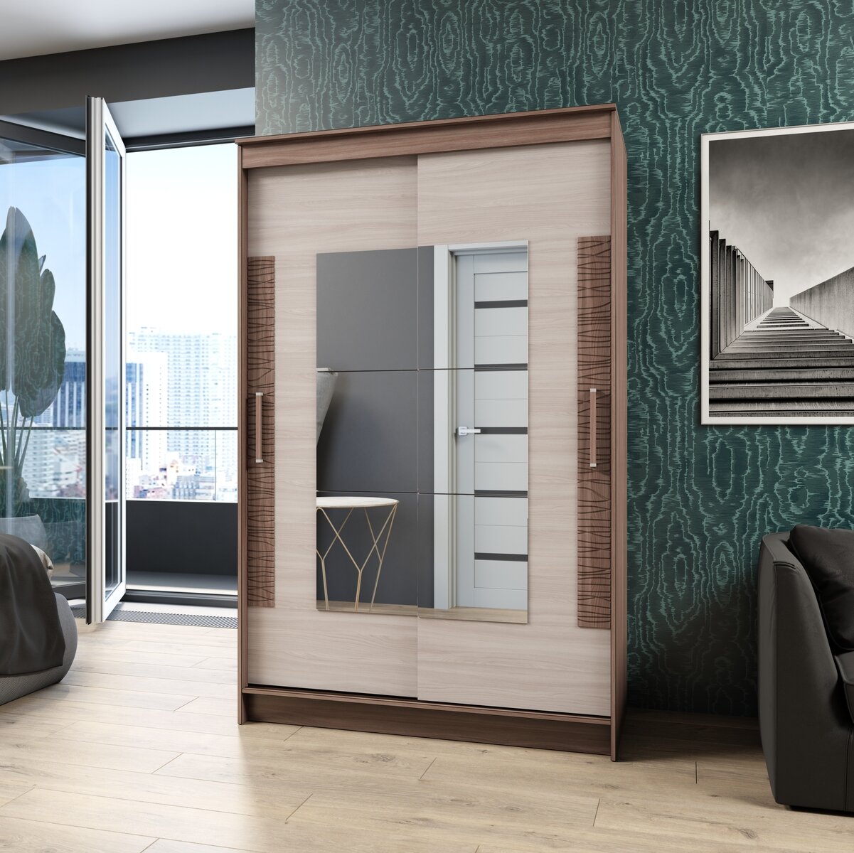 Шкаф-купе с зеркалом Элегант 2 Ясень шимо светлый/Ясень шимо тёмный