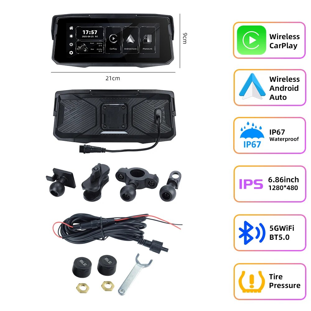 EKIY 6,86 'Мотоциклетный беспроводной CarPlay Android Auto Экран Универсальный мотоциклетный GPS-навигатор BT5.0 Датчик TPMS M12-TPMS