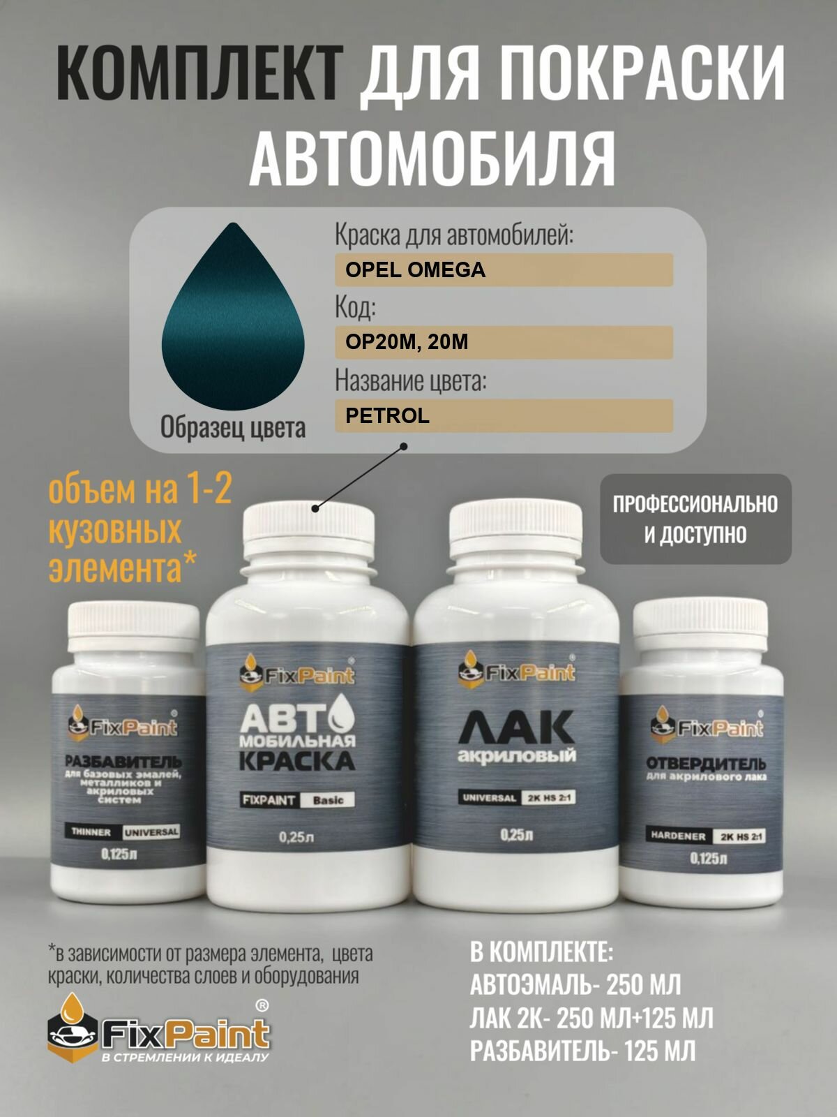 Комплект для покраски OPEL OMEGA, код OP20M, 20M, PETROL, базовая автомобильная краска 250 мл, лак 2K 250 мл с отвердителем, разбавитель 125 мл, FixPaint Pro