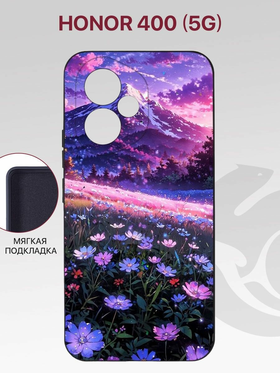 Чехол на Honor 400 5G с рисунком, с защитой камеры, черный с принтом цветы вершин / Хонор 400