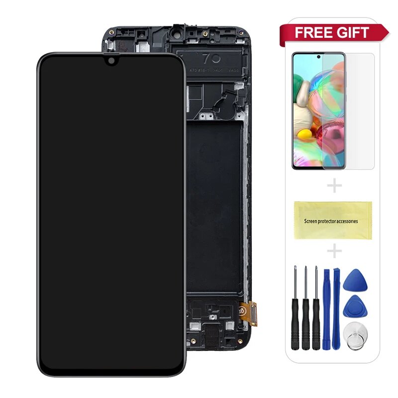 6,7 "Super AMOLED для Samsung Galaxy A70, замена сенсорного ЖК-дисплея для Galaxy A70 A705F A705FN, ЖК-дисплей с отпечатками пальцев Black with Frame