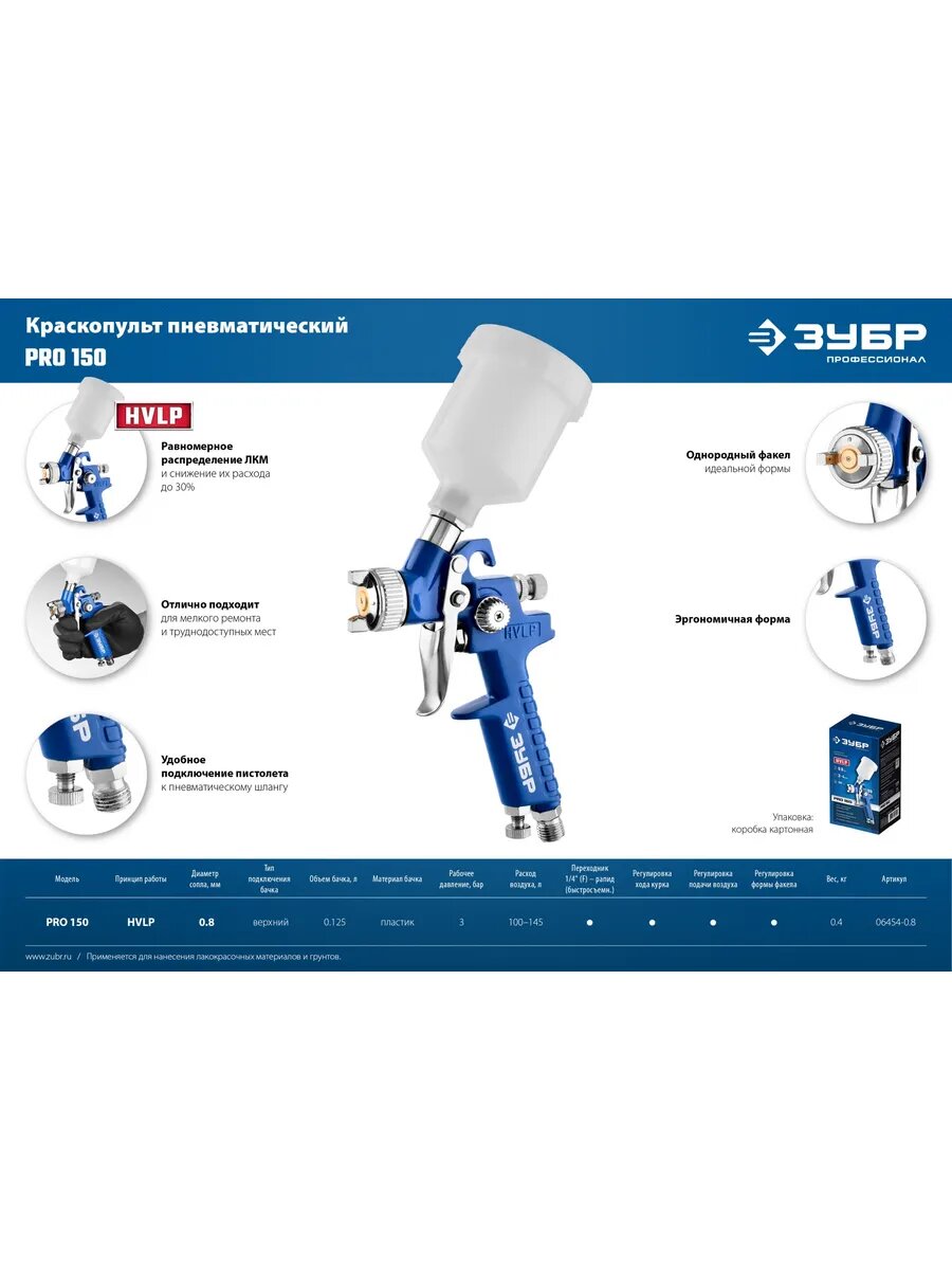 PRO 150, 0.8 мм, пневматический краскопульт с верхним бачко