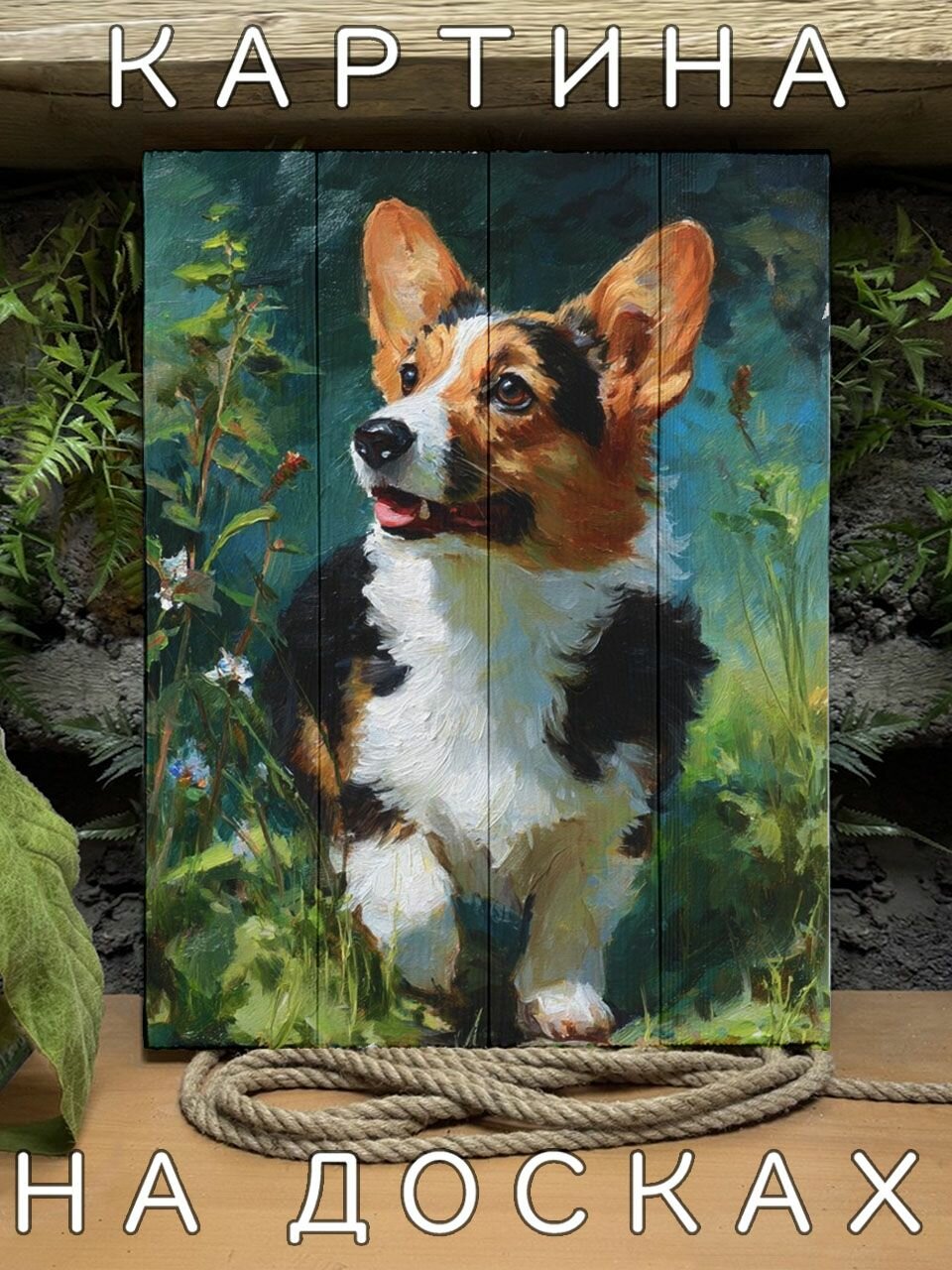Картина на досках 40х60 Корги