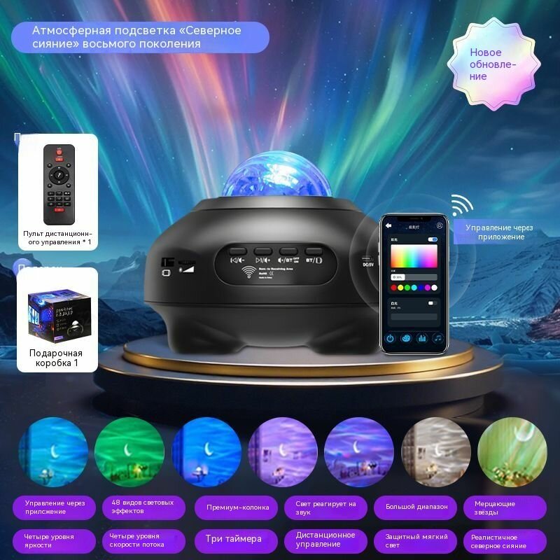 Проектор звездного неба, Bluetooth-музыка, пульт ДУ, RGB подсветка, IP20, USB