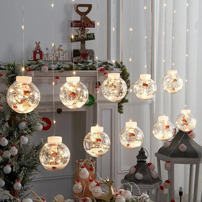 Гирлянда сфер светодиодная серия новогодняя каскад, Декор гирлянды новогодних светодиодных желательных шаров, 10 Форм Санта-Клауса/Снеговика/Новогодней ёлки желательных шаров гирлянда, тёплый белый, 10 светодиодных лампочек, 3м ширина нити, 40см/60см