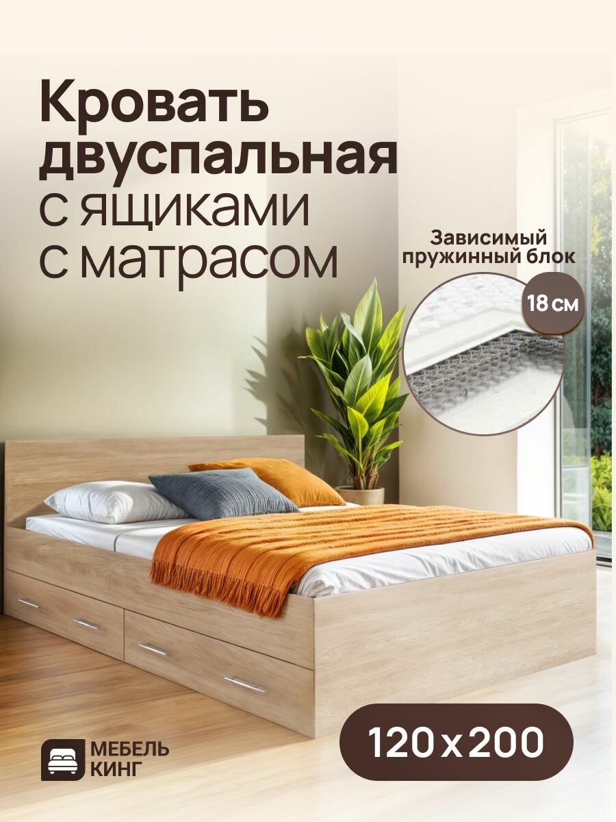 Полутороспальная кровать с ящиками дуб сонома 120х200 с матрасом, зависимый пружинный блок, 18 см