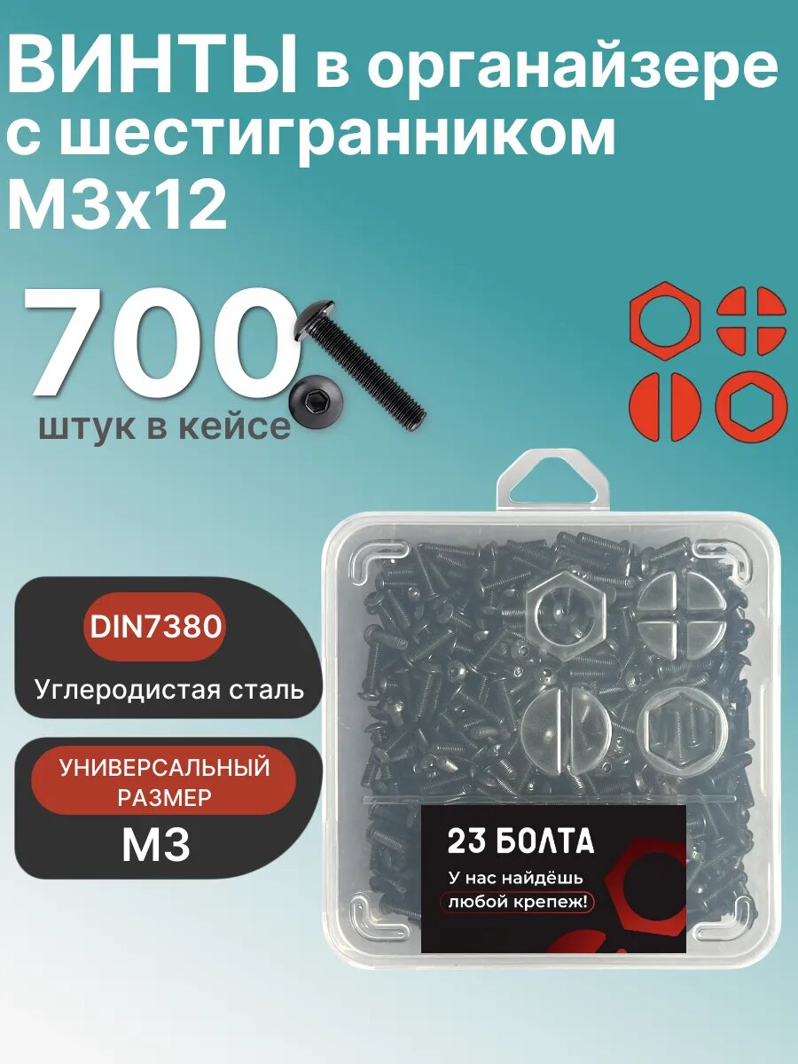 Винт чёрный 3х12 ISO 7380 к. п.10.9 в органайзере, 700 шт.