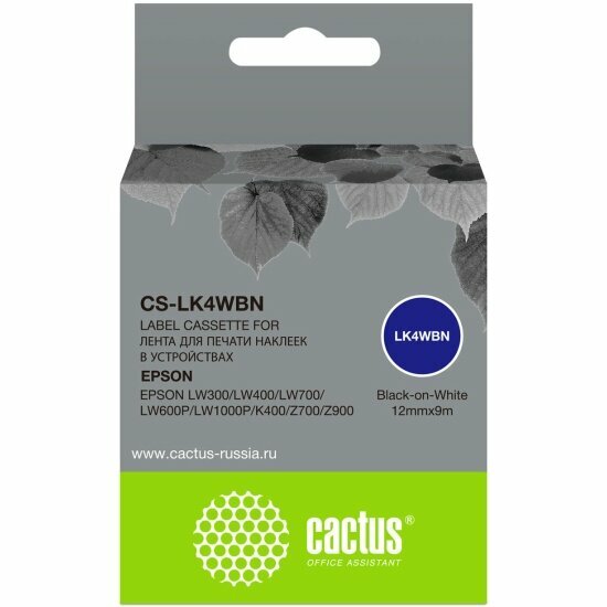 Картридж ленточный Cactus CS-LK4WBN LK-4WBN черный на белом 12x9 для Epson LW300/LW400/LW700/LW600P/LW1000P/K400/Z700/Z900