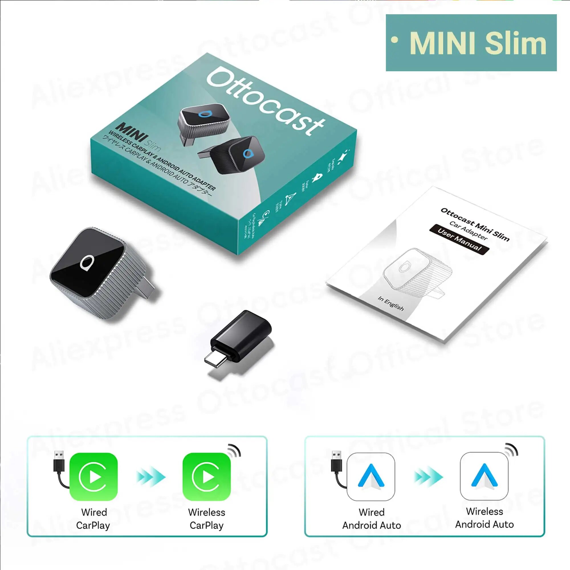 OTTOCAST Mini Slim CarPlay Android Auto адаптер USB A, Slim Silver