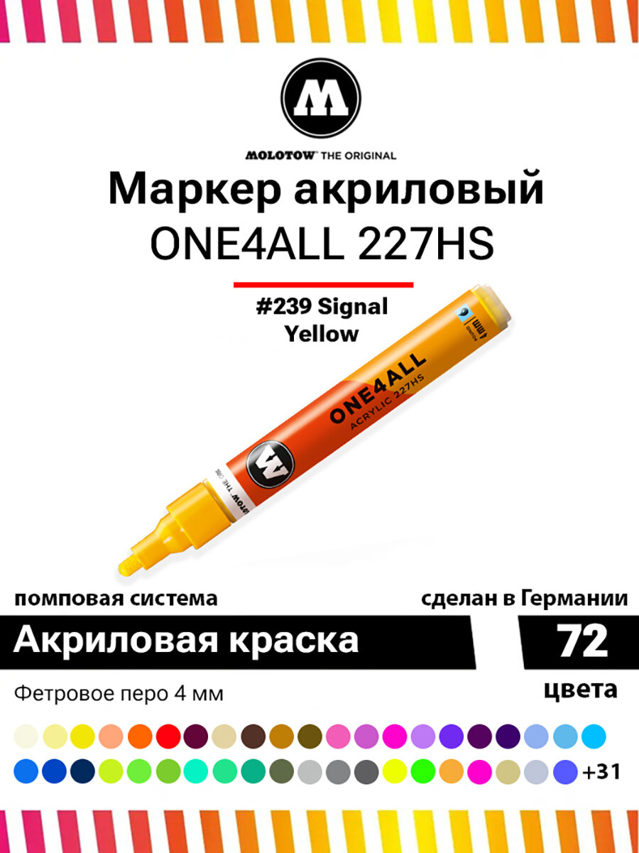 Акриловый маркер для граффити, дизайна и скетчинга Molotow One4all 227HS 227245 Сигнальный желтый #239 4 мм