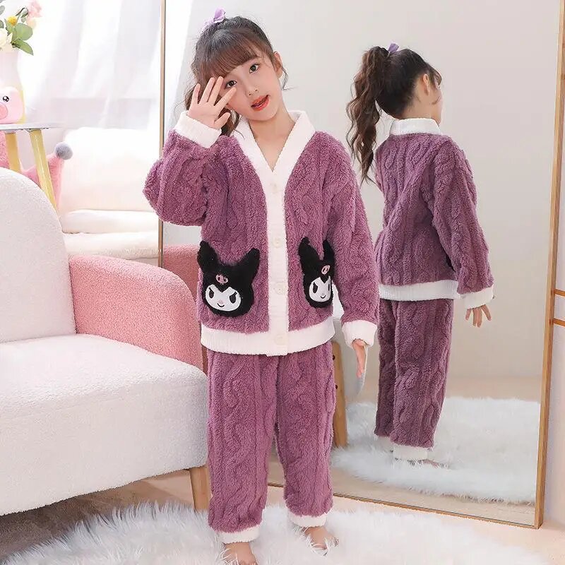 Sanrio Hello Kitty пижамы для девочек зимний утепленный костюм брюки с длинными рукавами сохраняют тепло Kawaii аниме модная новая домашняя одежда 110-120CM