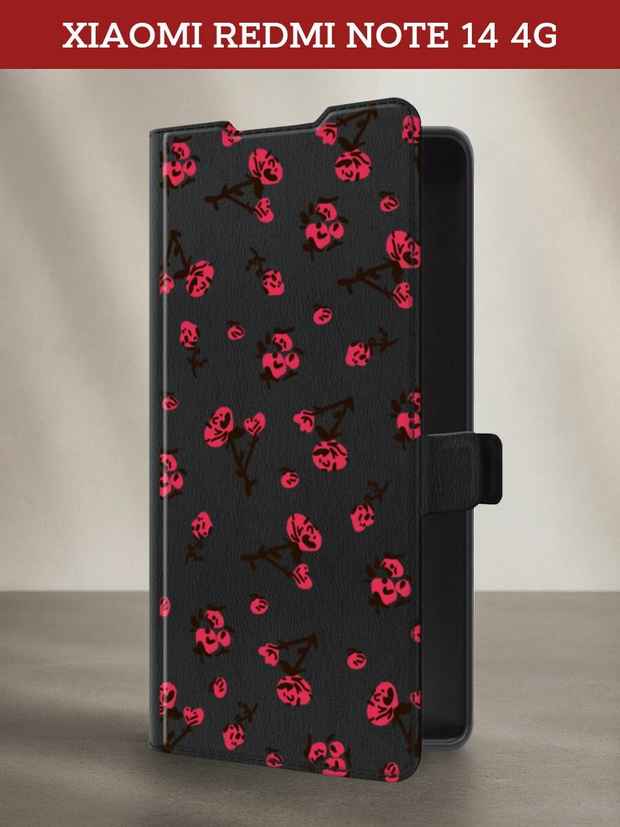Чехол-книжка на Redmi Note 14 4G / Редми Нот 14 4G с принтом Паттерн красные розы, черный